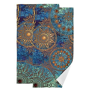 Oyihfvs Damask with Circles Flowers in Blue, Orange and Gold 2 Pieces Face Towel, Highly Absorbent Cotton Dish Hand Towels, Soft Washcloth for Spa Bathroom Hotel Kitchen Beach Gym Yoga