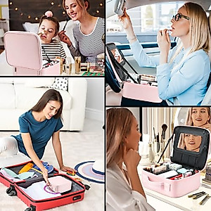 DROWIN Pink Makeup Bag with Mirror, Makeup Bags for Women, Travel Makeup Train Case, Makeup Organizer Bag, Adjustable Dividers & Support Straps, Portable Storage Bag for Makeup Brushes Toiletry