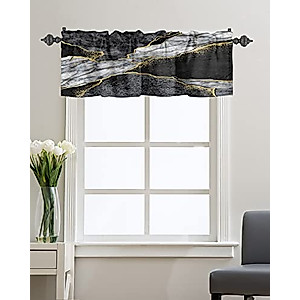 Window Curtain Valances for Kitchen Windows,Black White Marble with Gold Stripe Rod Pocket Short Window Valance Abstract Stone Agate Texture Cafe Treatment Valance for Living Room/Bedroom,42x12in