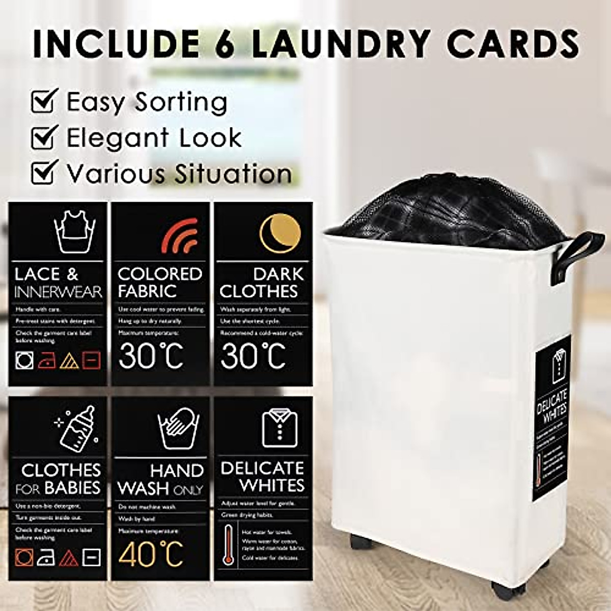 zzolee - Laundry Basket with Wheels, Slim Laundry Hamper with Laundry Cards, Ideal for Camper and Dormitory, 23x15x7.5 inch