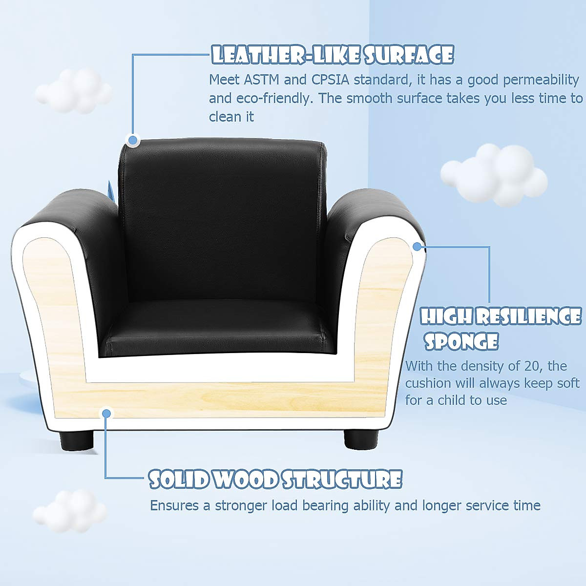 Costzon Kids Couch with Footstool, Children's Sofa with ASTM & CPSIA Certification, Mini Couch for Toddler w/Load-Bearing of 100LBS, Armchair w/Armrest and Backrest for Baby Boys Girls Gifts (Black)