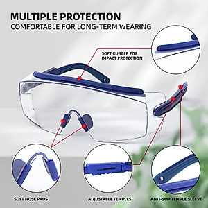 Optical Care Safety Glasses Anti Fog Safety Goggles Over Glasses Protective Eyewear with Clear Wrap-around Lens, Adjustable, Impact Resistance and Anti-dust