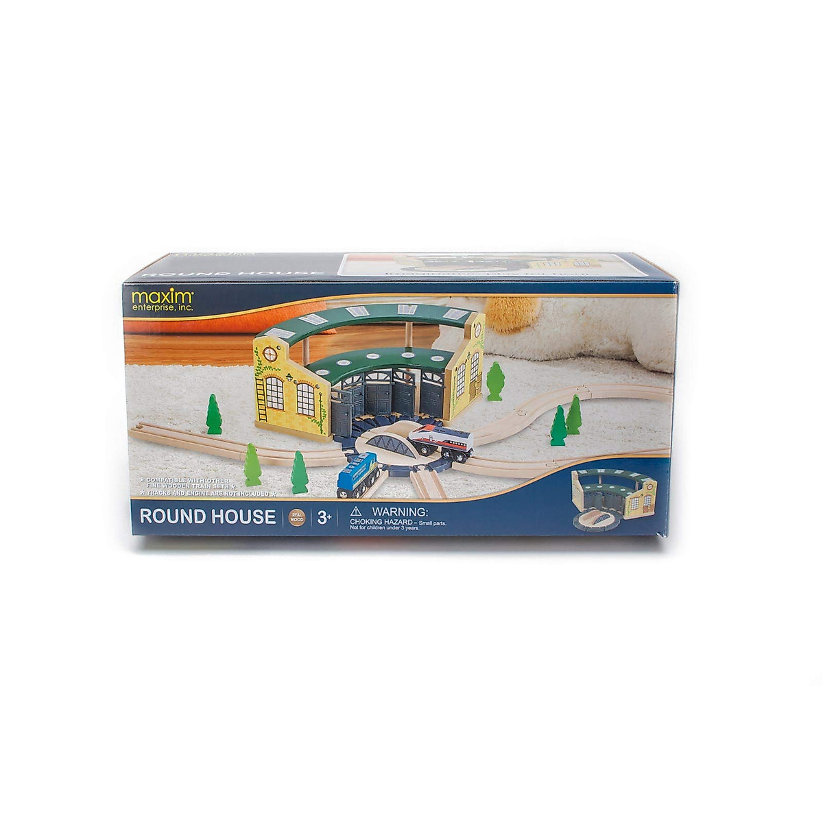maxim enterprise, inc. Wooden Train Round House Combo with Rotating Turntable, Train Shed to House 5 Engines or Cars, Wooden Train Track Accessories Compatible with Major Brand Railway Sets