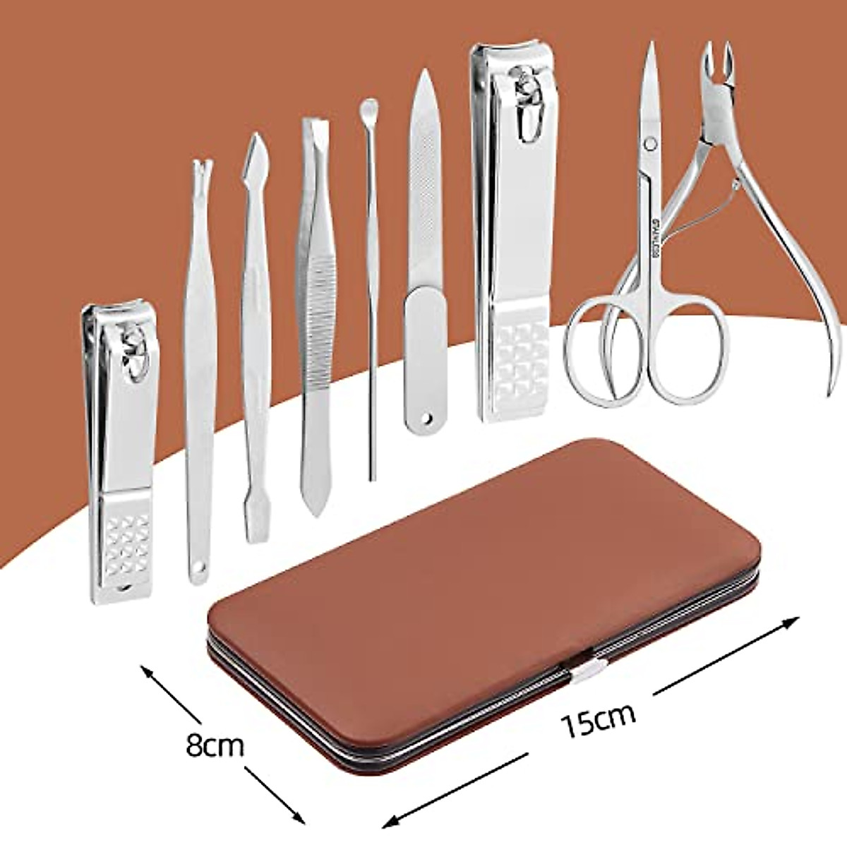 Manicure Set, FAMILIFE Manicure Kit - Nail Kit Mens Grooming Kit Pedicure Kit 9PCS Gifts for Men Boyfriend Nail Clipper Set Stainless Steel Professional Nail Set Care Manicure Tools Leather Case Brown