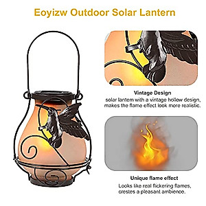 Atmosphere Making Outdoor Solar Hanging Lanterns Waterproof Metal Outside Decor Light Dynamic Simulation Flame Lamp for Lawn Patio Garden Yard Pathway with Hummingbird