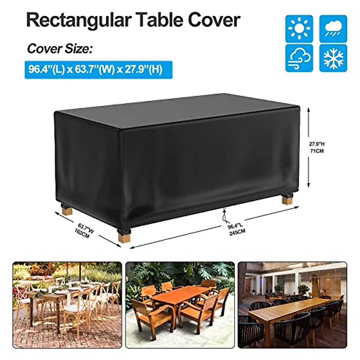 DUDSOEHO Patio Table Cover 100% Waterproof, 72x47x28 inch Outdoor Table Cover Rectangular, Patio Furniture Cover for Dinning Furniture, Picnic Coffee Tables Chairs and Sofas, Black