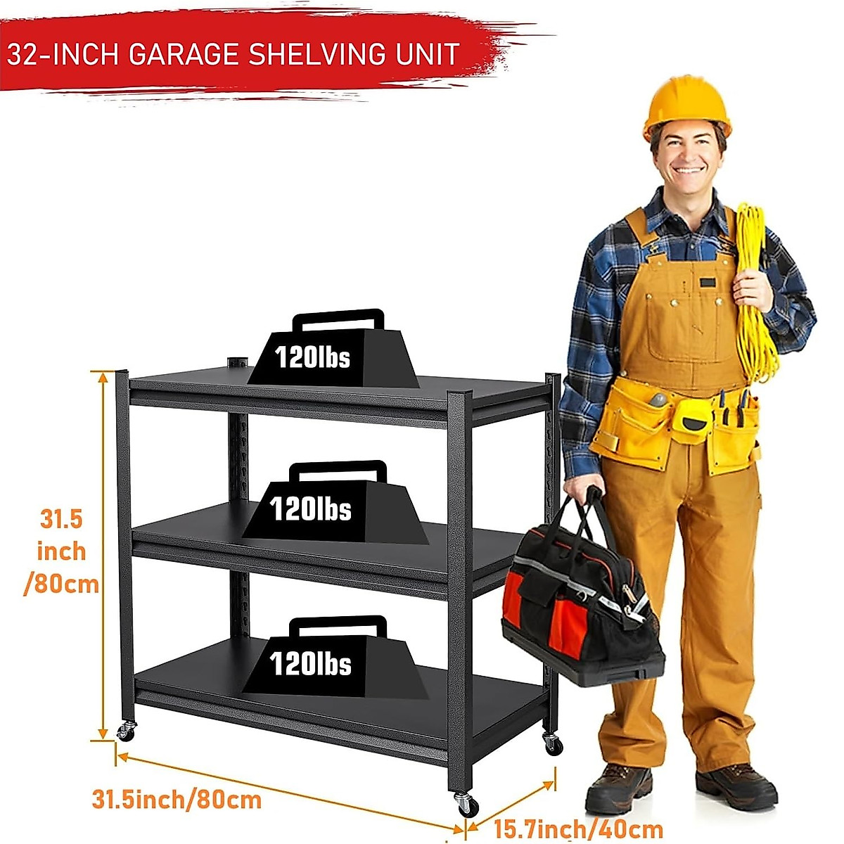 Generic 32"" W Storage Shelves,Heavy Duty Metal Shelving Unit,Pantry Shelves, Kitchen Shelves, Garage Shelving,Utility Rack (31.5"" W×15.7"" D×31.5"" H), Black, TGJZ-80W