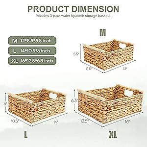 LaMorée Storage Baskets 3 PCS Hand Woven Natural Wicker Storage Bins Boxes with Wooden Handles Decorative Water Hyacinth Clothes Towel Food Container Organizer for Home Kitchen Laundry Room