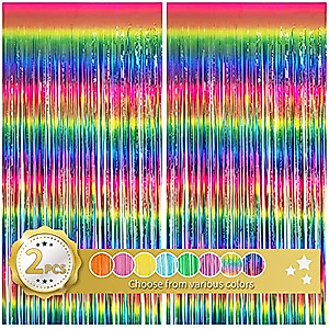 BEISHIDA 2 Pack Dark Rainbow Colorful Foil Fringe Curtain, Assort Color Tinsel Metallic Curtains Photo Backdrop for Birthday Party Wedding Engagement Bridal Shower