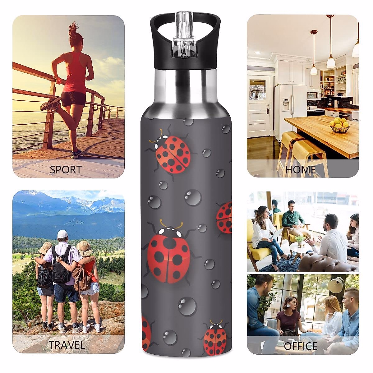 xigua Ladybug Water Bottle Double Walled Stainless Steel Leak Proof Thermo Flask for Sports Gym Cycling Outdoor,20 oz.