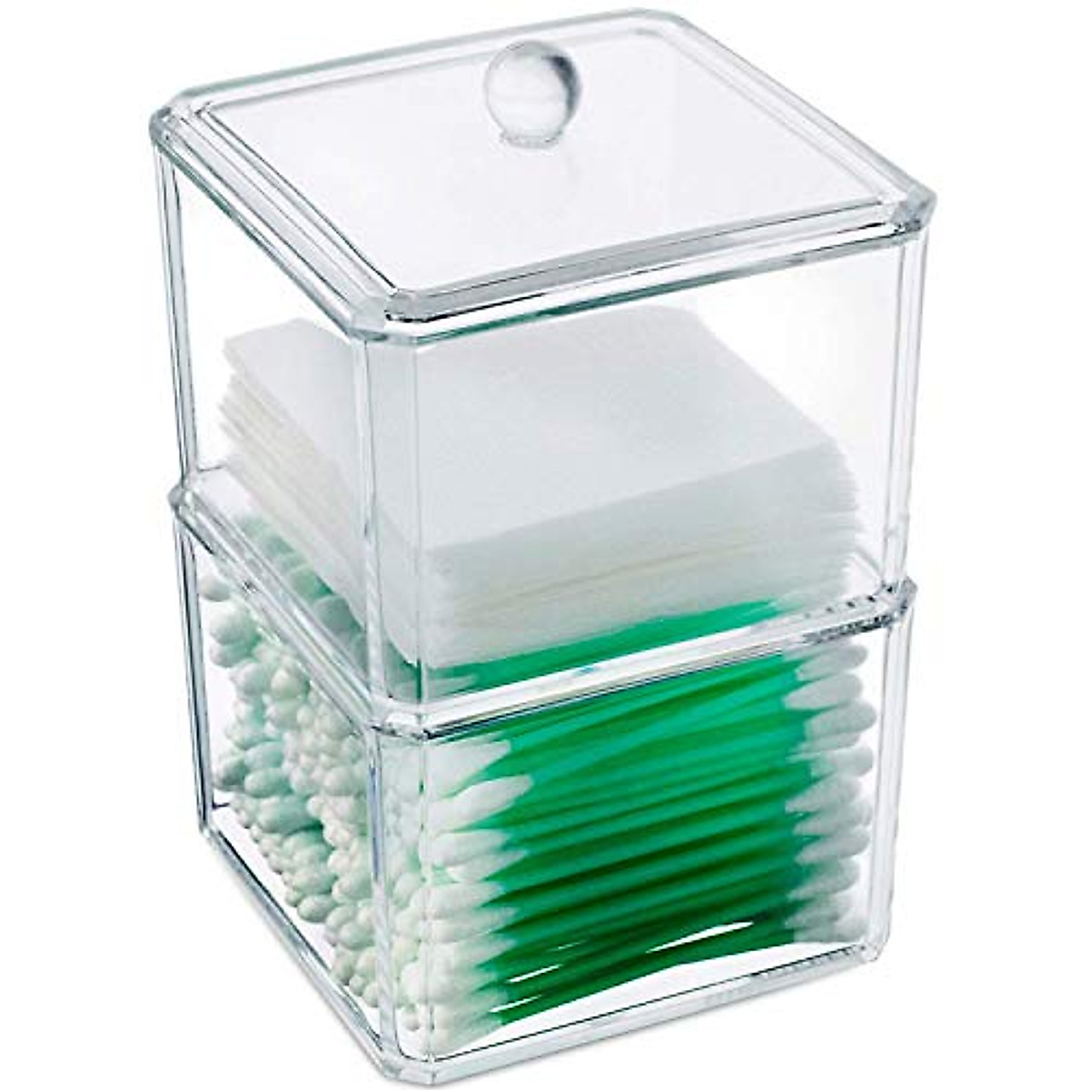 JAROFUREL Kryllic Q tips Organizer - Qtip Holder - Qtip Holder Bathroom - Cotton Swab Holder - 2 Slot Acrylic Bathroom Organizer with Lid - Cotton Ball Holder, Clear, 4x4x5.5 Inch (Pack of 1)
