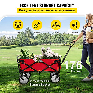 Folding Wagon Cart Heavy Duty Utility Collapsible 176 lb Garden Cart Large Storage Space Adjustable Handle Flexible All-Terrain Movement