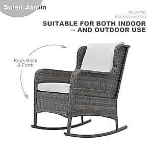 Soleil Jardin Outdoor Resin Wicker Rocking Chair with Cushions, Patio Yard Furniture Club Rocker Chair, Gray Wicker & Light Gray Cushions, Set of 2