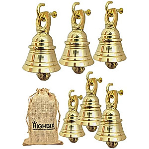 HIGHBIX Solid Brass Jingle Bells Set of 6 Hanging Harmony Festive Décor Handmade Brass Bells with Hooks