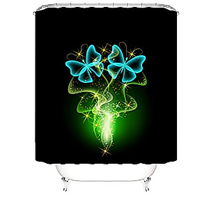 NC 4Pcs Butterfly Shower Curtain Sets with Non-Slip Rugs,Toilet Lid Cover and Bath Mats Bathroom Accessories Sets Complete Green Bathroom Sets with 12 Hooks,Waterproof Shower Curtain for Bathroom