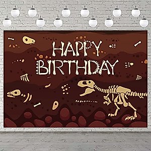 Dinosaur Tyrannosaurus Rex Fossil Happy Birthday Banner Backdrop Animal Dino T-REX Fossil Bones Theme Decorations Decor for Paleontology Party Birthday Party Supplies Background Photo Booth Props