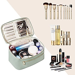 Wandering Nature Makeup Bag, Travel Make Up Organizer Cosmetic Brush Bags Case for Women in Eco Vegan Leather, Green