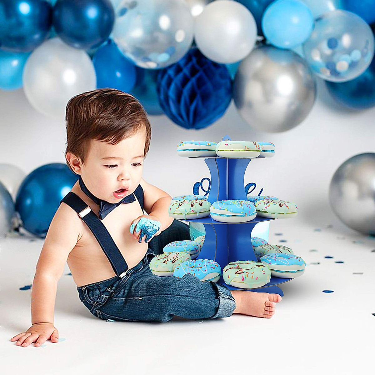 2 Set Navy Blue 3-Tier Round Cardboard Cupcake Stand for 24 Cupcakes Perfect for Blue Baby Shower Birthday Party Supplies (Navy)