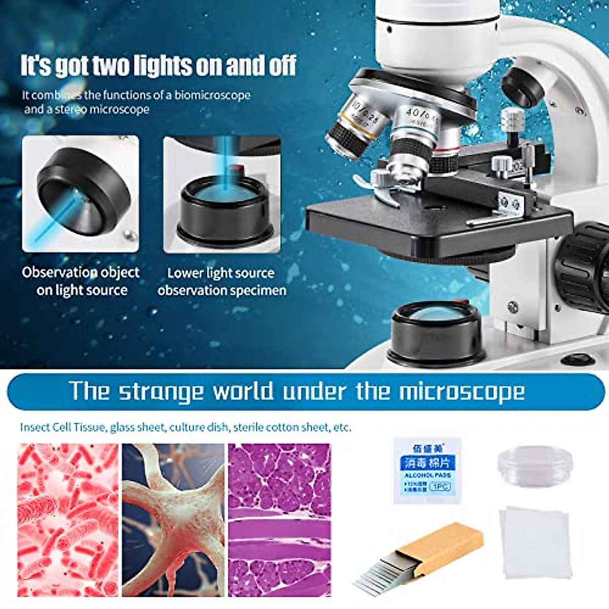 Compound Binocular Microscope, WF10x and WF25x Eyepieces,40X-2000X Magnification, LED Illumination Two-Layer Mechanical Stage