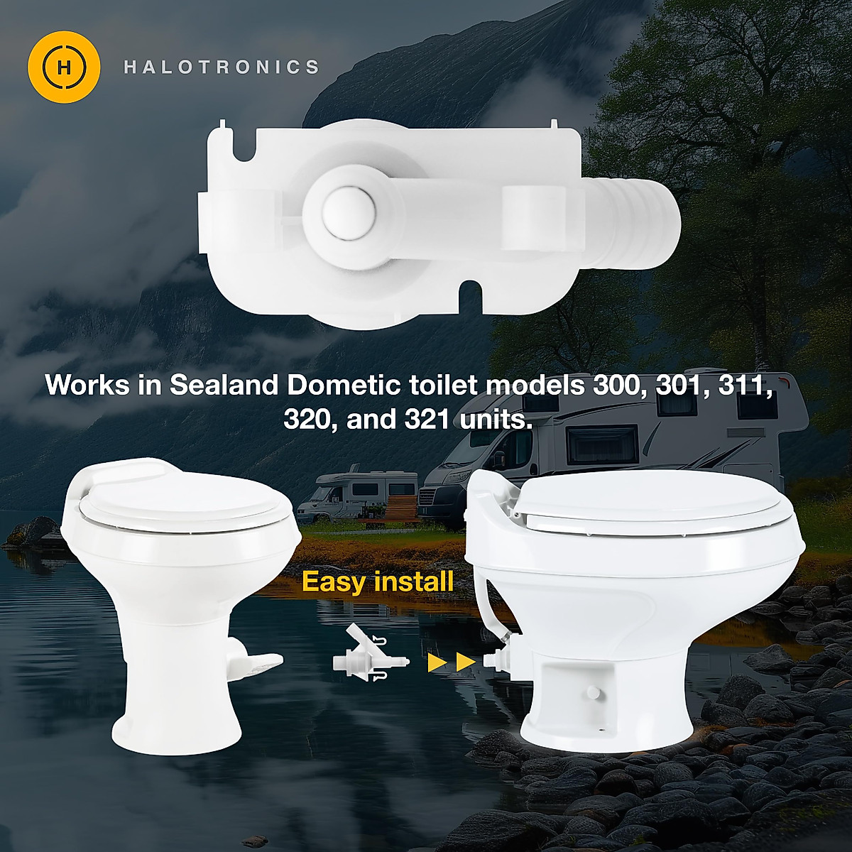 Halotronics Upgraded RV Water Valve Replacement Kit for Pedal-Flush Toilets - Compatible with Sealand Dometic 300, 301, 310, 311, 320, 321 (385311641) - Hardware Included - 2024 Model