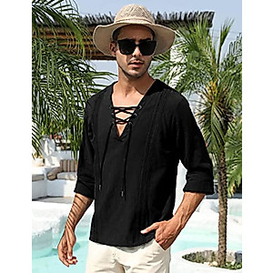 TURETRENDY Men's Cotton Linen Henley Shirt Lace Up Long Sleeve V Neck Casual Beach Hippie Shirts Black 3XL