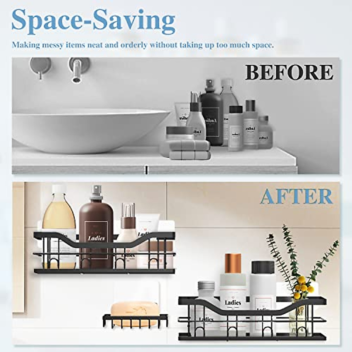 Z&L HOUSE 6 Pack Shower Caddy Organizer, Adhesive Shower Shelves with 1 Cup Holder, 3 Soap Holder, Extra Large Capacity No Drilling Shower Shelf for Inside Shower