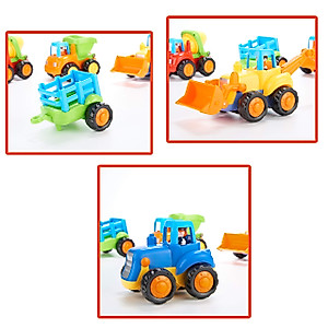 IQ Toys Friction Powered Cars, Push and Go Toy Trucks Construction Vehicles Toys Set for 1 2 3 Year Old Baby Toddlers Bulldozer, Tractor, Early Educational Gifts 2PCS