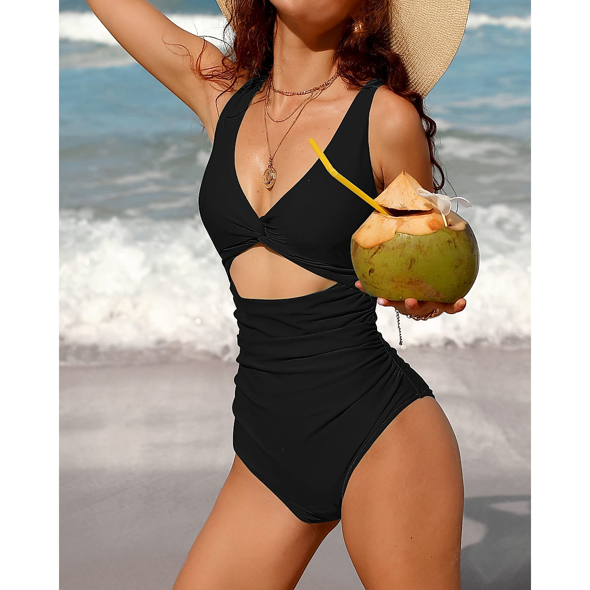 Charmo Womens One Piece Swimsuit Ruched Tummy Control High Cut Backless V Neck Bathing Suits Swimwear Black Large