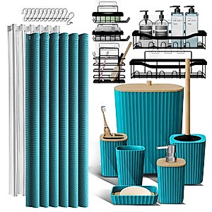 Shower Caddy and Bathroom Accessories Set, 25PC Bathroom Accessory Set with Shower Shelf Caddy for Bathroom Storage, Teal Shower Curtain Set, Toilet Brush, Trash Can, Soap Dispenser, Toothbrush holder
