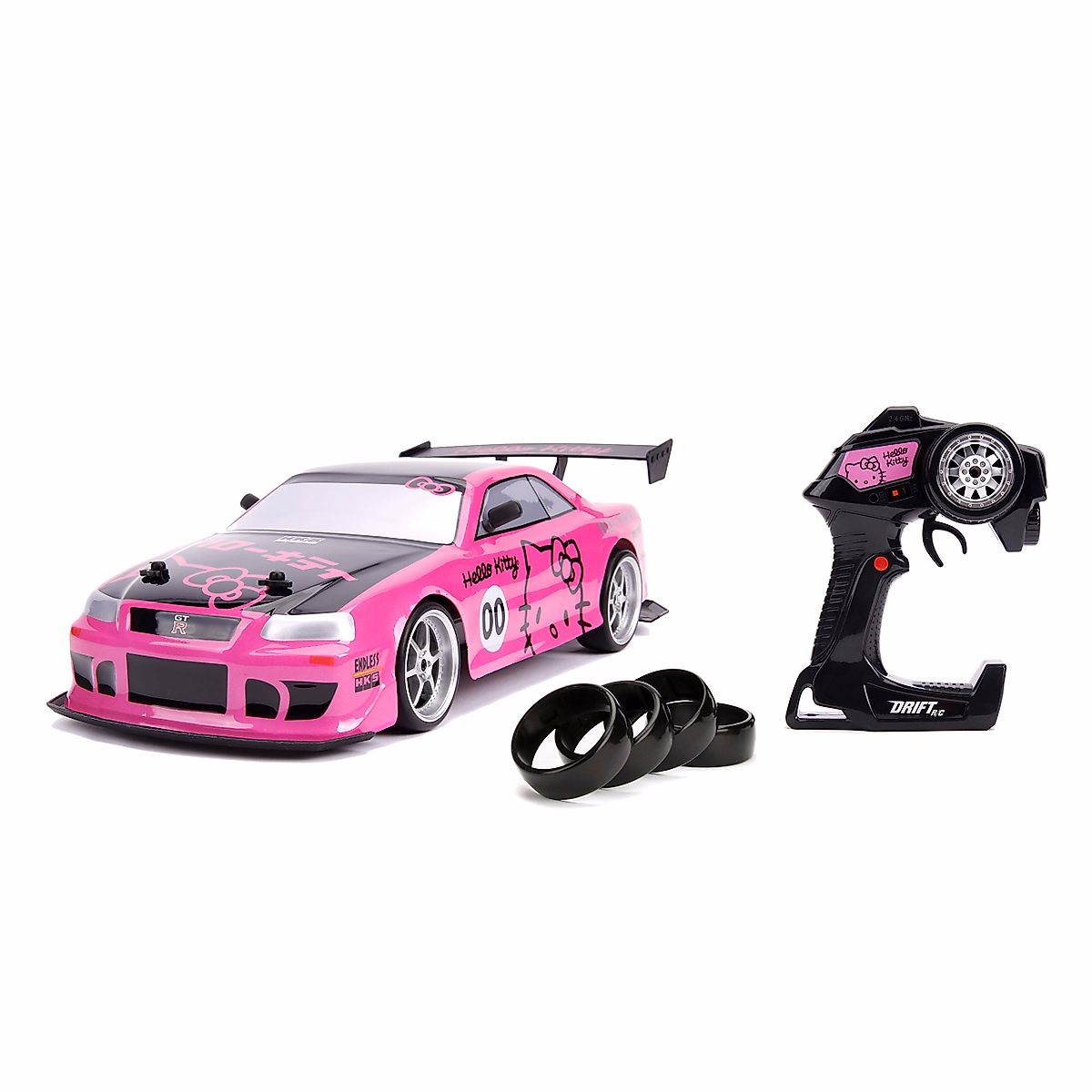 Jada Toys Hello Kitty Nissan Skyline GT-R (Bnr34) Drift Power Slide Elite R/C, USB Charging, with 4 Extra Tires, Pink