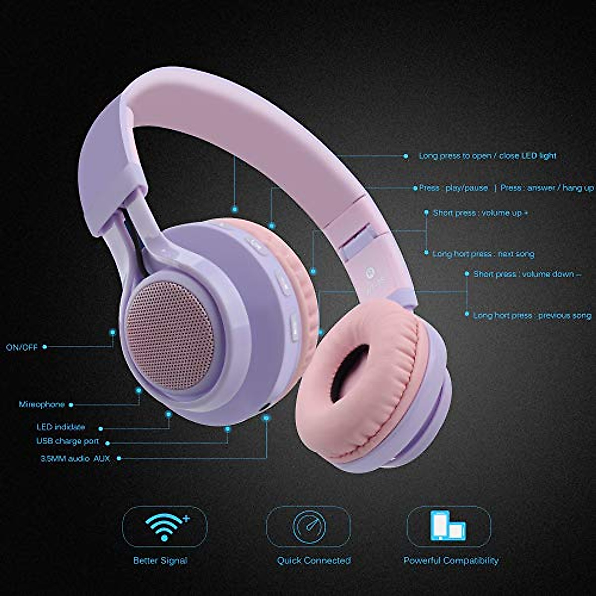 2 Packs Riwbox WT-7S Kids Headphones Wireless, Foldable Stereo Bluetooth Headset with Mic Compatible with PC/Laptop/Tablet/iPad Purple&Pink