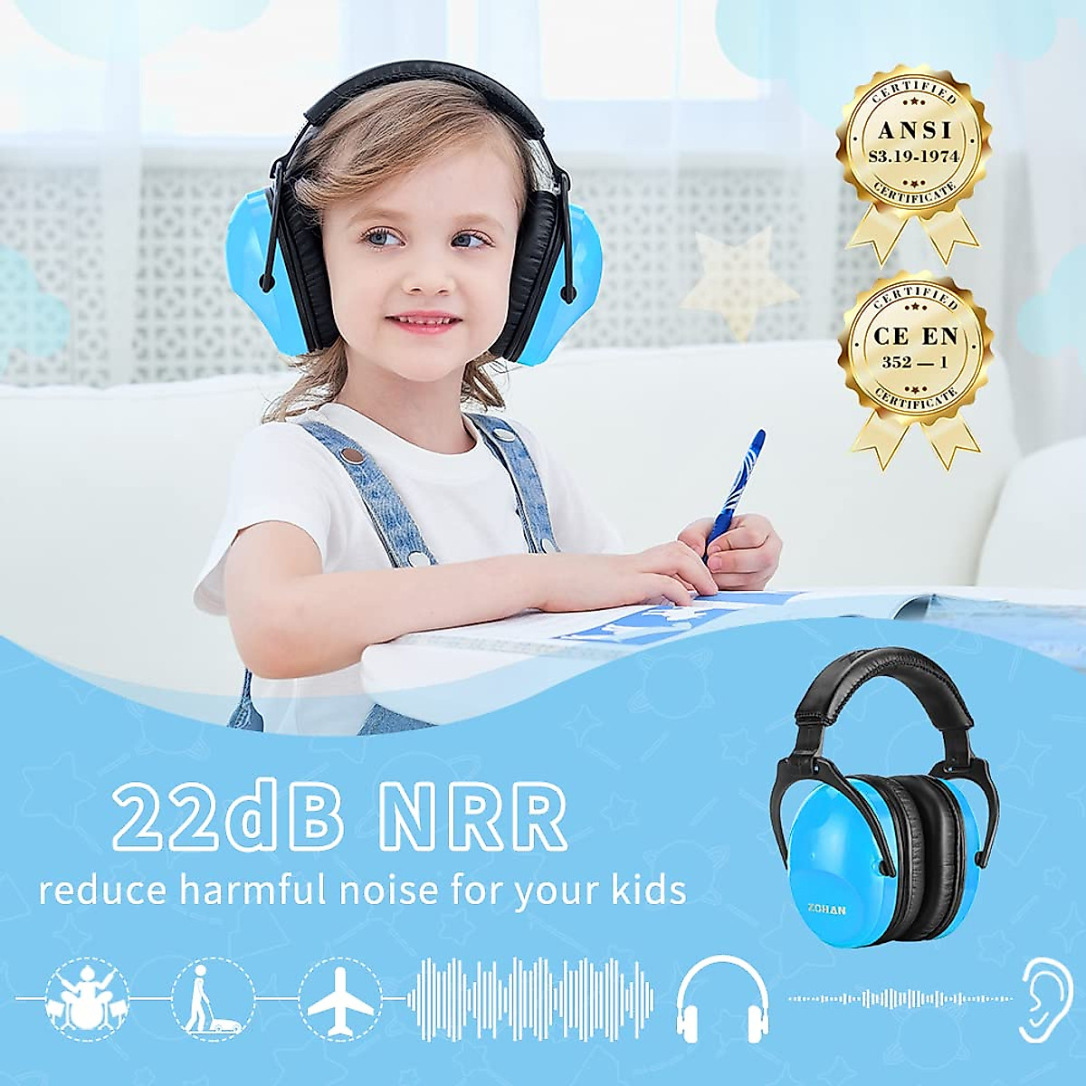 ZOHAN 030 Kids Noise Cancelling Headphones for Autism Ear Protection (Blue)