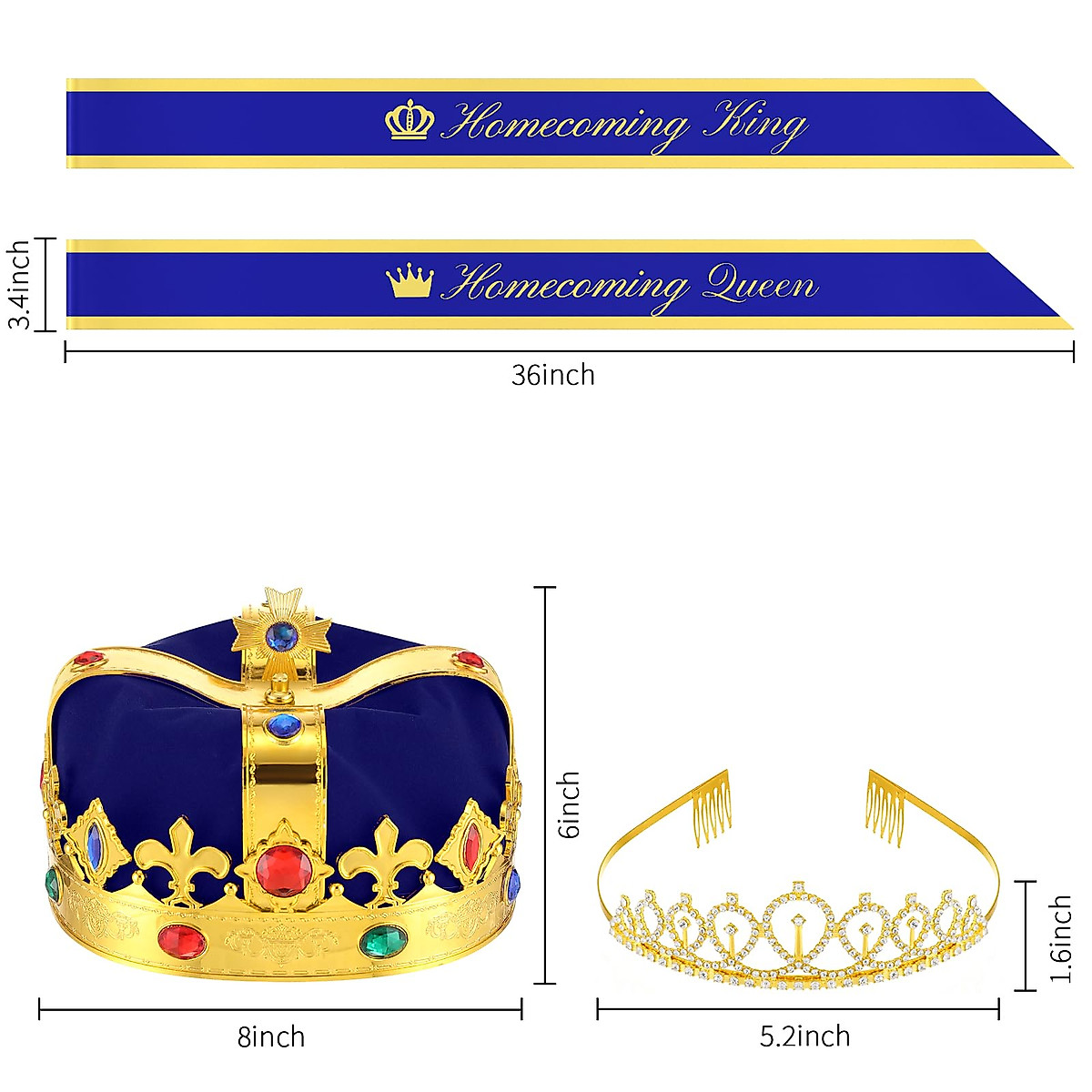 Bonuci Homecoming Party Supplies Prom Homecoming King and Queen Sashes Crowns Hat Rhinestone Tiara (Blue)