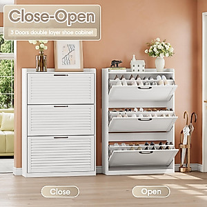 Maupvit Shoe Storage Cabinet with 3 Flip Louvered Doors, Freestanding Organizer with Metal Hinges, Shoe Cabinet for Entryway, Narrow Shoe Rack Cabinet, White
