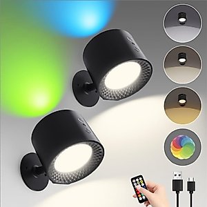 KINGTOP Battery Operated Wall Sconce, Wireless Magnetic Wall Lights with Remote, 9 Colors RGB Rechargeable Ambient Sconce, 3 Color Temp, Dimming & Removable, Wall Mounted Lamp for Bedroom