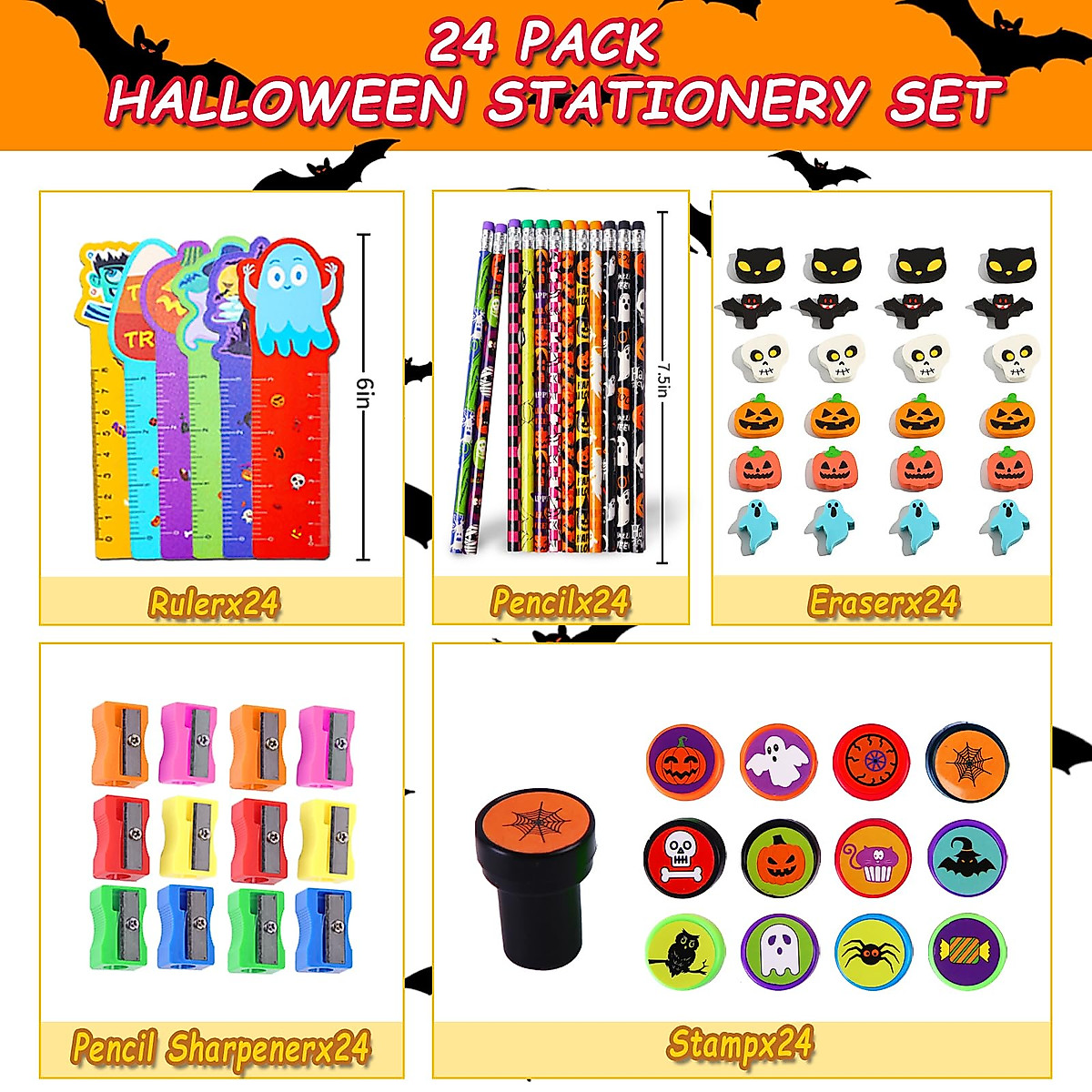 436 Pcs 24 Pack Assorted Halloween Stationery Set, Halloween Party Favors for Kids, Halloween Classroom Prizes Supplies Goodie Bag Stuffers Fillers, Including Halloween Themed Assorted Stationery