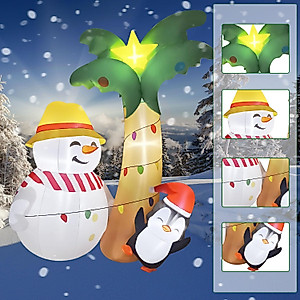 7FT Outdoor Inflatables Palm Tree,Funny Outdoor Inflatable Tree Hawaiian Snowman and Penguin Lighted,Cute Holiday Blow Up Outside Yard Decoration