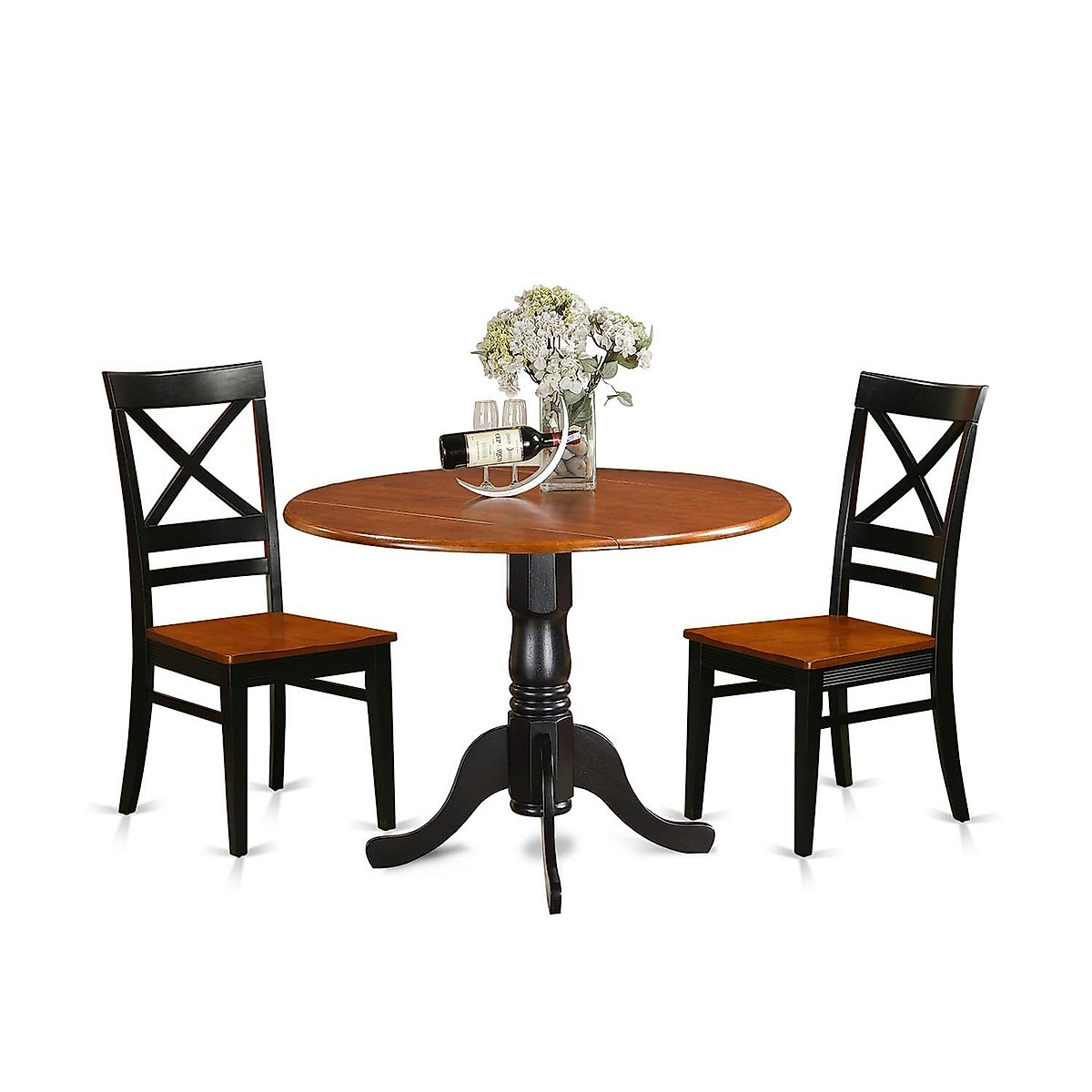 East West Furniture DLQU3-BCH-W 3 Piece Dining Set Contains a Round Dining Table with Dropleaf and 2 Kitchen Chairs, 42x42 Inch, Black & Cherry