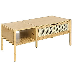 Rattan Lift Top Coffee Table, Wood Lifting Top Central Table with Hidden Compartment, 40 Inch Lift Tabletop Tea Table Cocktail Table Modern Pop up Adjustable Table for Home Living Room, Office