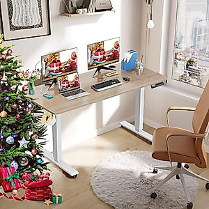 farexon Electric Standing Desk Adjustable Height, 48 x 24 inch Sit Stand Desk with Metal Hook, 4 Memory Heights, 27''-46'' Lifting Range Stand up Desk with Wheels(Oak Gray)