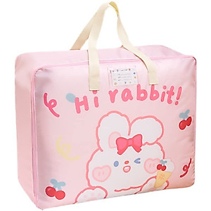 Kawaii Water Resistant Thick Over Size Storage Bag, Cute Aesthetic Cartoon Print Folding Organizer Bag, Under Bed Storage Carrying Bag with Reinforced Handle for Bedding Comforters (Pink,Large)