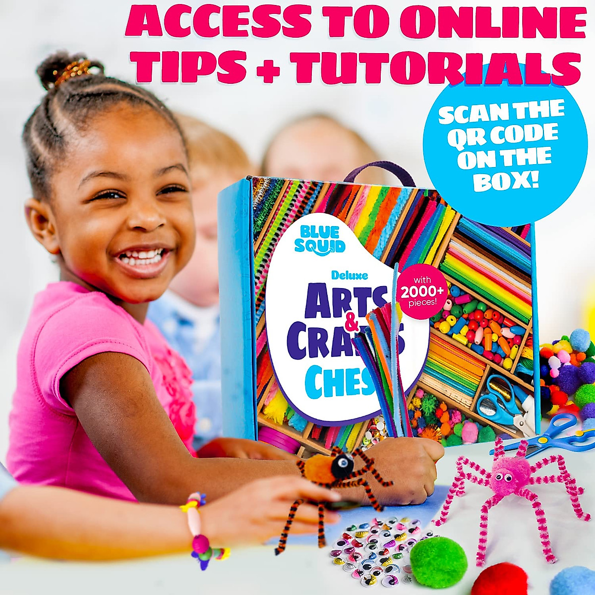 Blue Squid Arts & Crafts Chest - 3000+ pcs Deluxe Craft Supplies Box, 2 Drawers, 18 Compartments, Sturdy Handle - Art Crafting Kit Christmas Gifts for Kids, School Supply for Ages 4 5 6 7 8 9 10 11 12