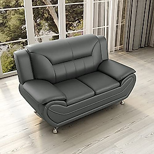 Container Furniture Direct Michael Modern Faux Leather Upholstered Stainless Steel Legs Living Room Loveseat, Gray