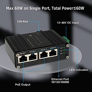 Industrial 2 Ports PoE Injector, Hardened Gigabit 30W PoE+ Injector IEEE802.3 at POE Adapter POE Midspan Max 60W Single Port Power Over Ethernet with 12-48V DC Input DIN Rail Mount