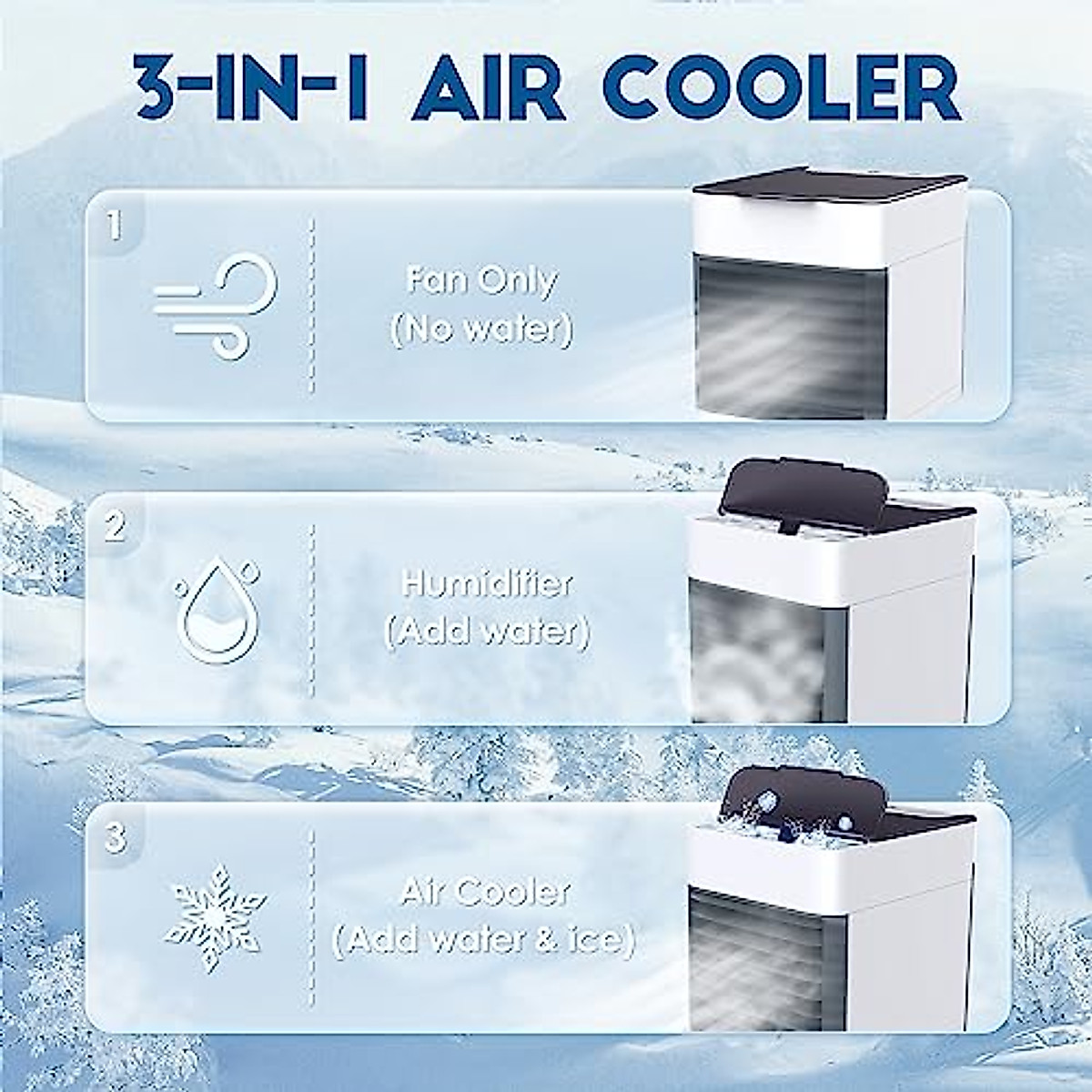 Portable Air Conditioner, 3-IN-1 Evaporative Air Cooler, 4-Speed Mini Air Conditioners with USB for Room/Office/Camping