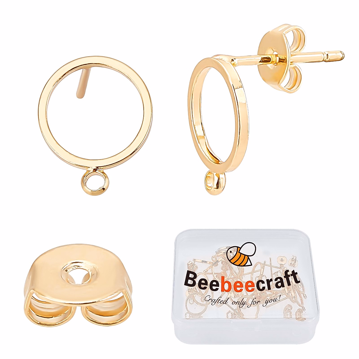 Beebeecraft 1 Box 20Pcs 18K Gold Plated Stud Earrings with Loop Simple Circle Geometry Earring Posts with 20Pcs Butterfly Ear Back for Valentine's Day Jewelry Making