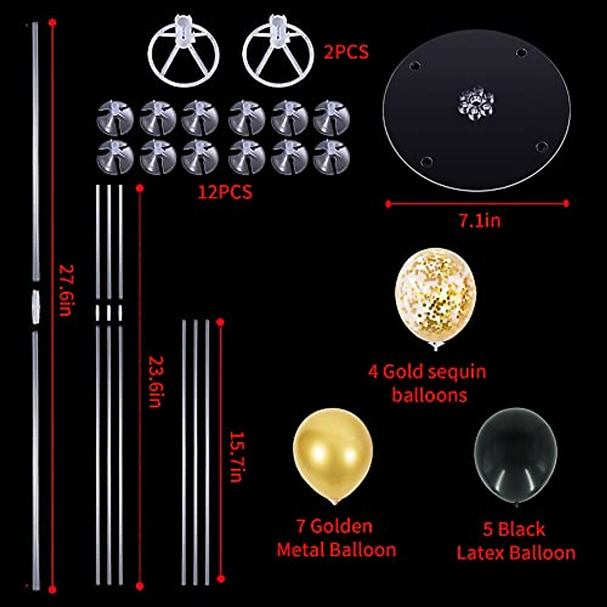 TONIFUL 2 Set Table Centerpiece Balloons Stand Kit Include 16 Black Gold Latex Confetti Balloons for Birthday Baby Shower Wedding Graduation Anniversary Halloween Table Party Decorations
