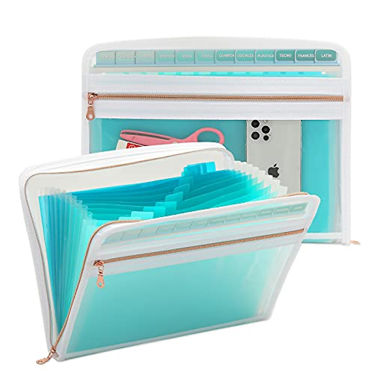 CCidea Expanding File Folder with 13 Pocket, Zipper Closure Accordion Document Organizer,Letter A4 Paper Document Accordion Folder（Green）