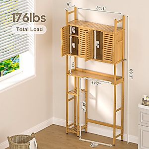 Cozivolife Over The Toilet Storage Cabinet with Toilet Paper Holder Stand,Bamboo Bathroom Organizer Shelf with Four Door and Waterproof Feet Pad,Space Saver Storage Rack with Anti-Tip Design (Natural)