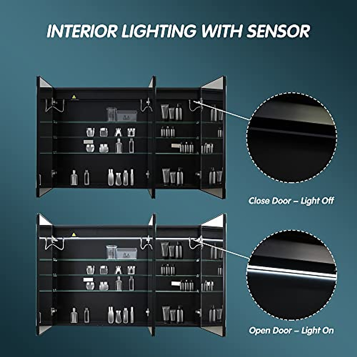 tunuo 48''W x 32''H Recessed or Surface Medicine Cabinets for Bathroom with Mirror, LED Medicine Cabinet Organizer with Crystal Sand Lighting Belts, Defogger, Dimmer, Clock, Outlets & USB, Black